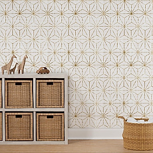 Peel & Stick Wallpaper 3ft x 2ft - Star Geo White Gold Geometric Triangles Holiday Abstract Minimalistic Custom Removable Wallpaper by Spoonflower