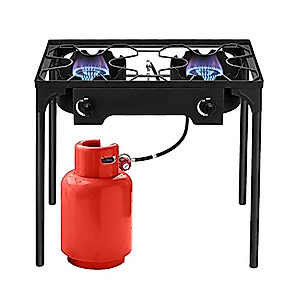 Outvita 2 Burner Propane Gas Stove for Outdoor Cooking, 150,000 BTU Camping Cooker with Removable Legs, Temperature Control Knobs for Backyard Cooking, BBQ, Baking and Frying