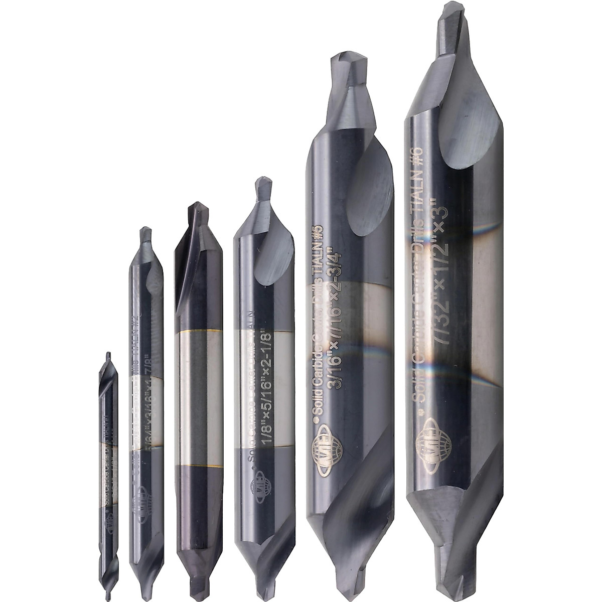 CME Solid Carbide Center Drill Set, No. 1 to No. 6 Sizes, TiAlN Coated