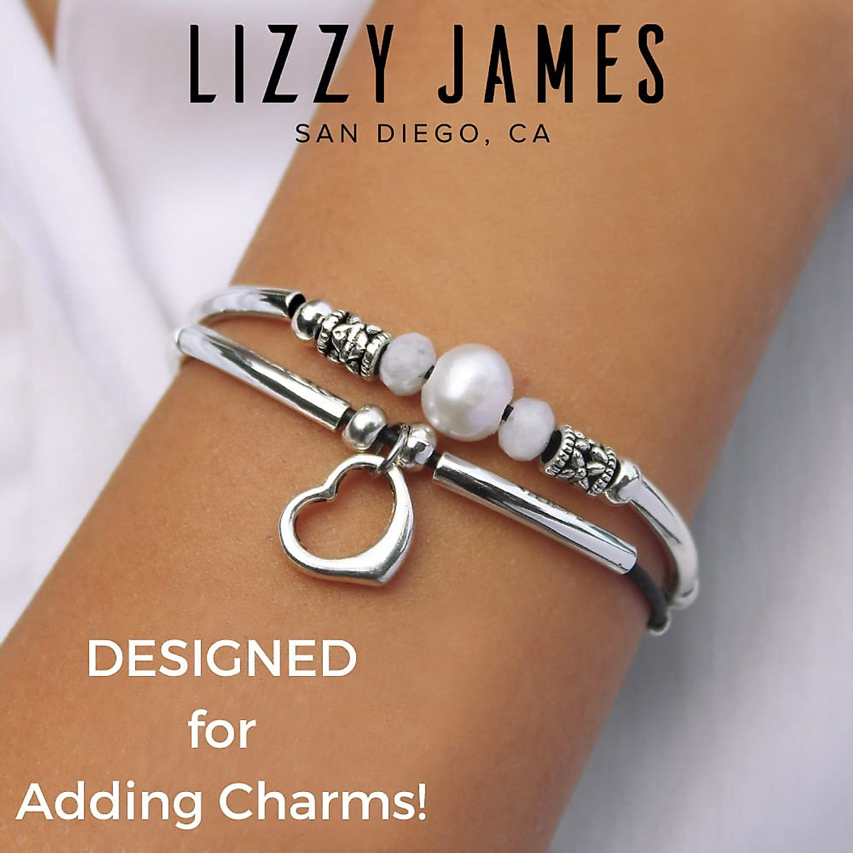Lizzy James Crystal Water Adjustable 2 Natural Black Leather Strand Silver Bracelet with Pearl & Moonstone for Women
