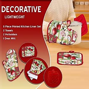 Lobyn Value Packs - 5 Piece Country Kitchen Towel Set: Features Red Apples on a Patchwork Quilt, 2 Decorative Dish Towels, 1 Oven Mitt, and 2 Quilted Potholders