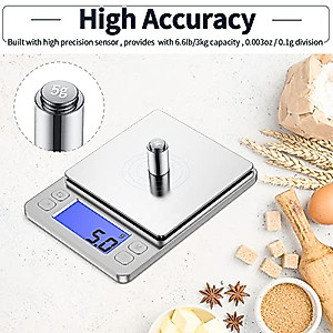Kitchen Food Scale, 3000g/0.1g High Precision Digital Scale, Used for Cooking, Jewelry, Baking, Tare Function, with 2 Trays, LCD Display