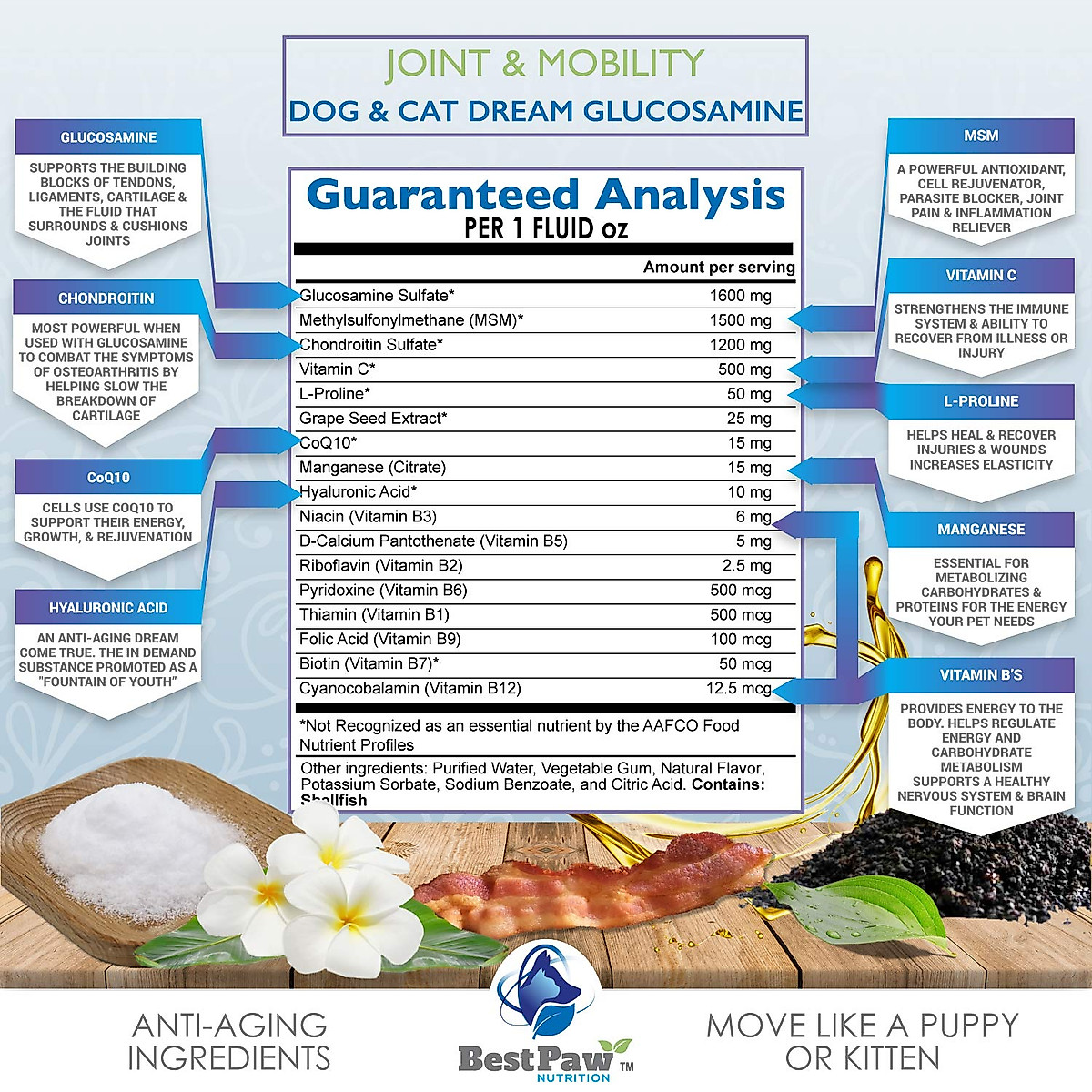 Best Paw Nutrition - Bacon Flavor Liquid Glucosamine for Dogs & Cats - Chondroitin, MSM, Hyaluronic Acid - Dog Arthritis Home Remedy - Joint Supplement for Hip & Joint Pain Relief Pets Love - 16oz