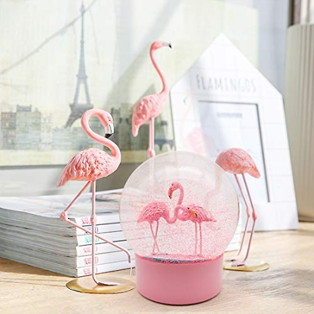 Mingfuxin Snow Globe, Pink Flamingos Snow Globe for Kids, Glitter Glass Snowglobes for Women Girls, Snow Globes Home Office Table Decor Birthday Gift, 100MM Pink Flamingos Valentines Snow Globe