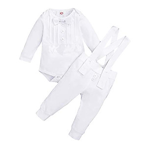 Baby Boys Baptism Christening Outfit Bowtie Romper Suspenders Pants Gentleman Formal Wedding Party Tuxedo Suit Ring Bearer Clothes Set for Birthday Cake Smash Photo White - Long Sleeve 6-12 Months