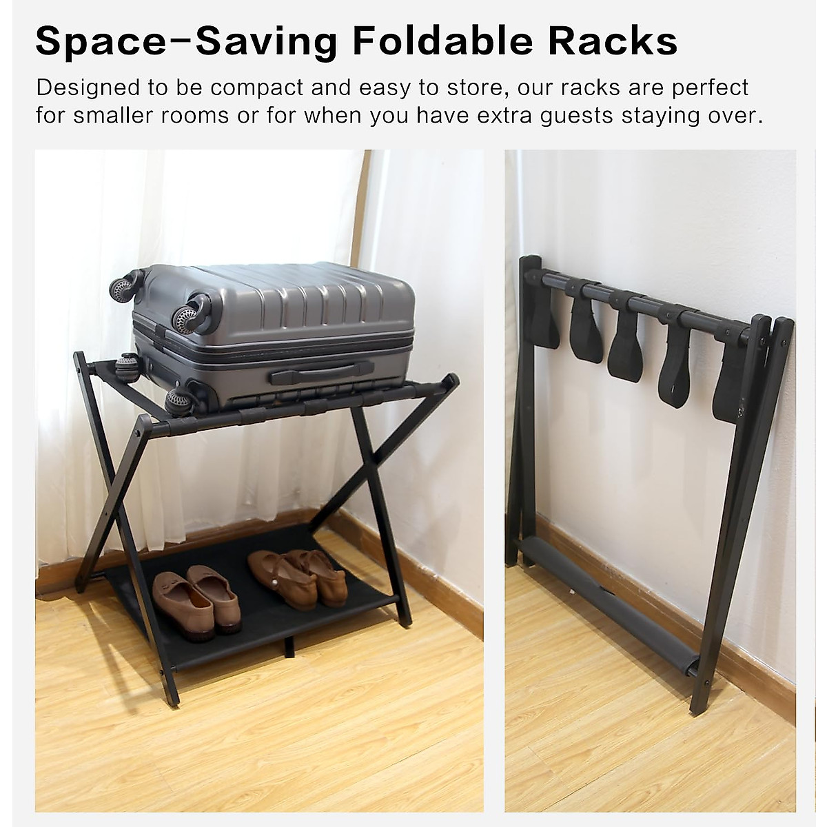 Yuihochic Luggage Rack, Pack of 2, Suitcase Stand with Fabric Storage Shelf ,for Guest Room,Bedroom,Hotel, Foldable Painted Steel Frame (Package Quantity 2)