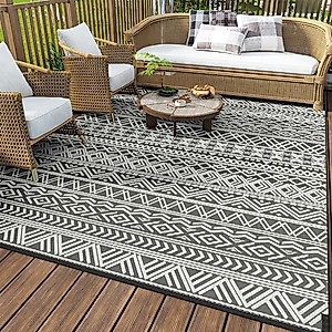 MontVoo-Outdoor Rug Carpet Waterproof 9x12 ft Reversible Patio Rug RV Camping Rug-Plastic Straw Rug Outside Indoor Outdoor Area Rug for Patio Deck Balcony Picnic Beach Outdoor Decor Boho Grey
