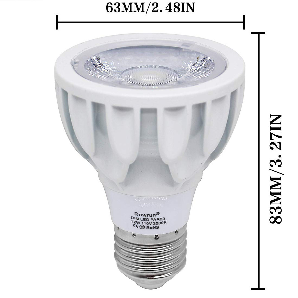 Rowrun E26 LED BULB PAR20 12W Soft White Dimmable 3000K COB Spot Light 24°Beam Angle Indoor Flood Light Range Hood Bulb 2-Pack