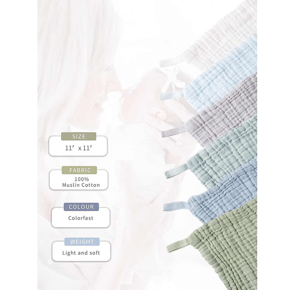 Konssy 6 Pack Baby Muslin Washcloths for Unisex 100% Cotton Wash Cloth Set for Baby Face Body Comfy and Soft for Newborn Infants Kids Girls and Boys