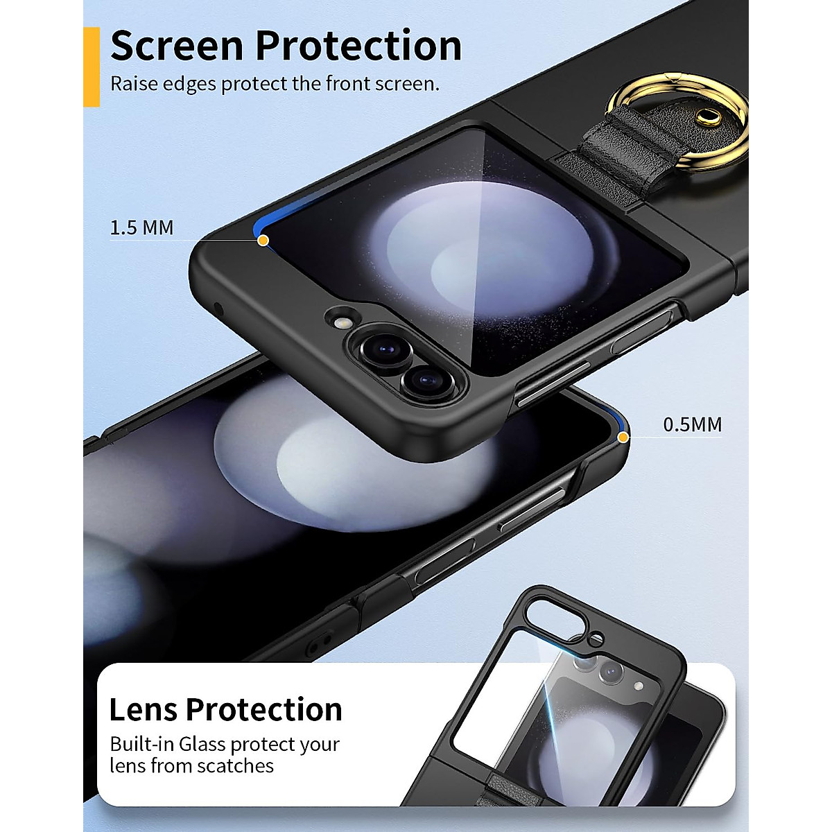 Lanhiem for Samsung Galaxy Z Flip 5 Case, [Ring Holder] Hard Protective Heavy Duty Case Full Body Shockproof Phone Ultra Thin Cover for Samsung Galaxy Z Flip 5 - Black