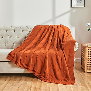 CozeCube Knit Throw Blanket,Orange Checkered Throw Blanket for Couch,Soft Cozy Warm Knitted Throw Blanket for Couch Bed Living Room, Decorative Spring Fall Throw Blanket 50"X60",Rust Orange