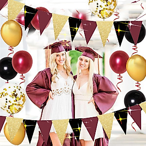 Graduation Party Decorations Maroon Gold 2024/Burgundy Gold Graduation Decorations/Maroon Black Birthday Party Decorations for Women/Burgundy Black Gold 2pcs Triangle Bunting Banners