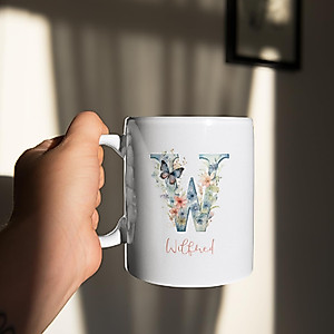 Personalized Colorful Flower Butterfly Initial Letter Ceramic Mug, Custom Name & Initial Letter W Monogrammed Alphabet Coffee Cups, Perfect Monogrammed Mugs Presents, Name Tea Cups