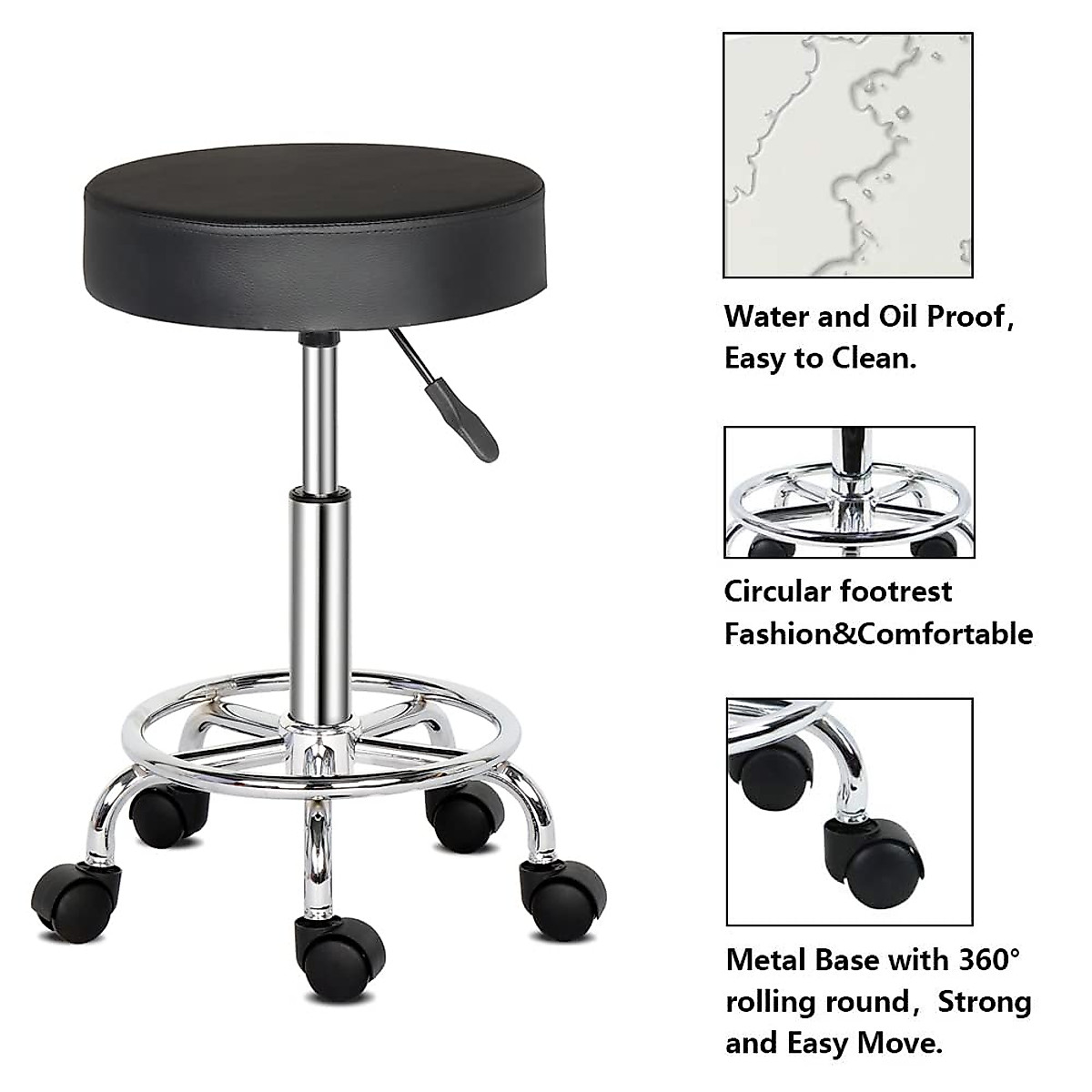 Salon Spa Stools Barstools PU Leather Modern Round Rolling Stool with Footrest Height Adjustable Spa Drafting Salon Tattoo Work Massage Stools Task Chair (Black 2)