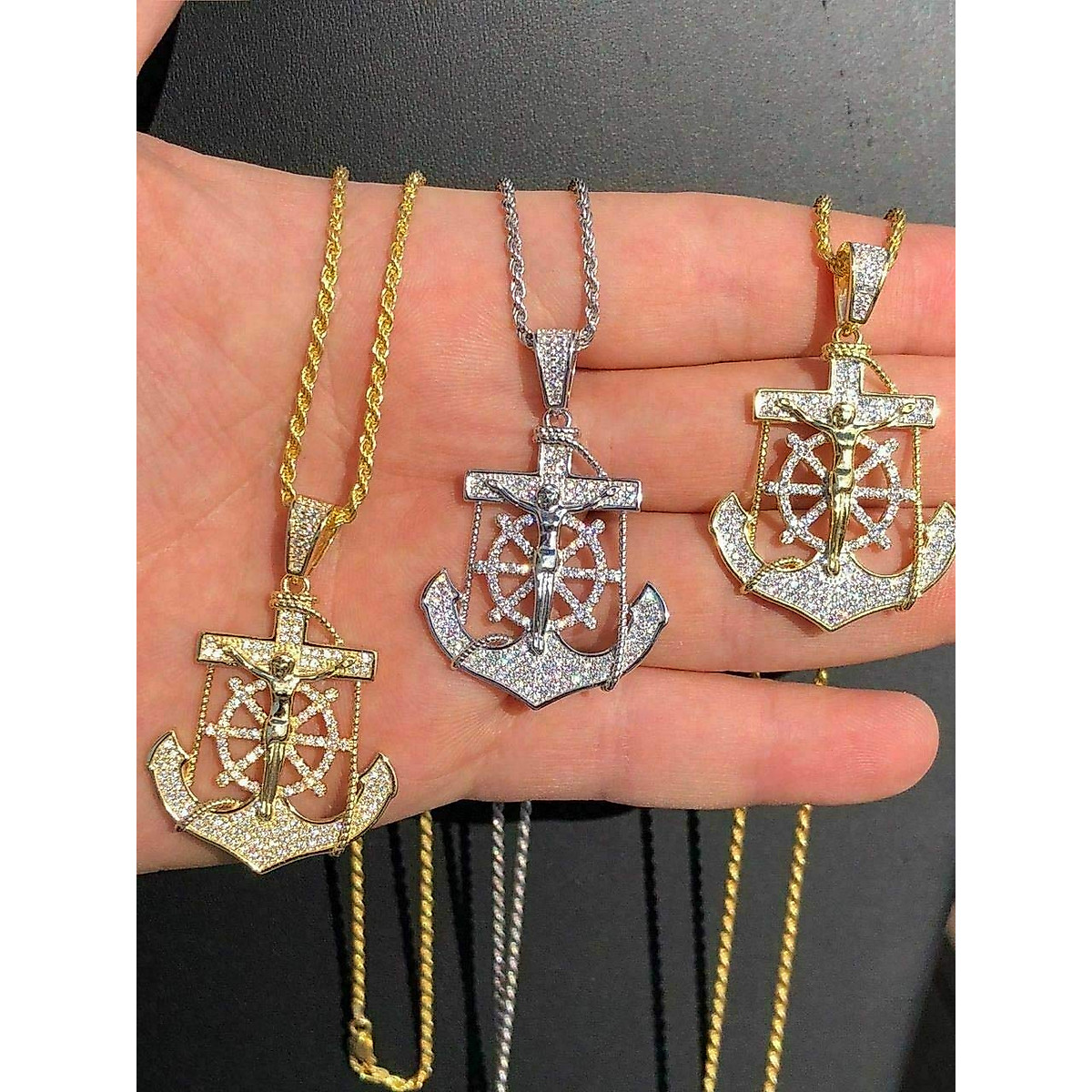 HarlemBling Solid 925 Sterling Silver -Jesus On Anchor Cross Pendant - Hip Hop Iced - Natural Silver Or Two Tone Gold Finish (Two Tone)