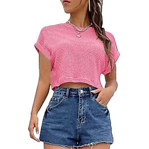 Meladyan Women’s Casual Waffle Knit Crop Tee Top Batwing Short Sleeve Crew Neck Solid Cropped T Shirt Tops Pink