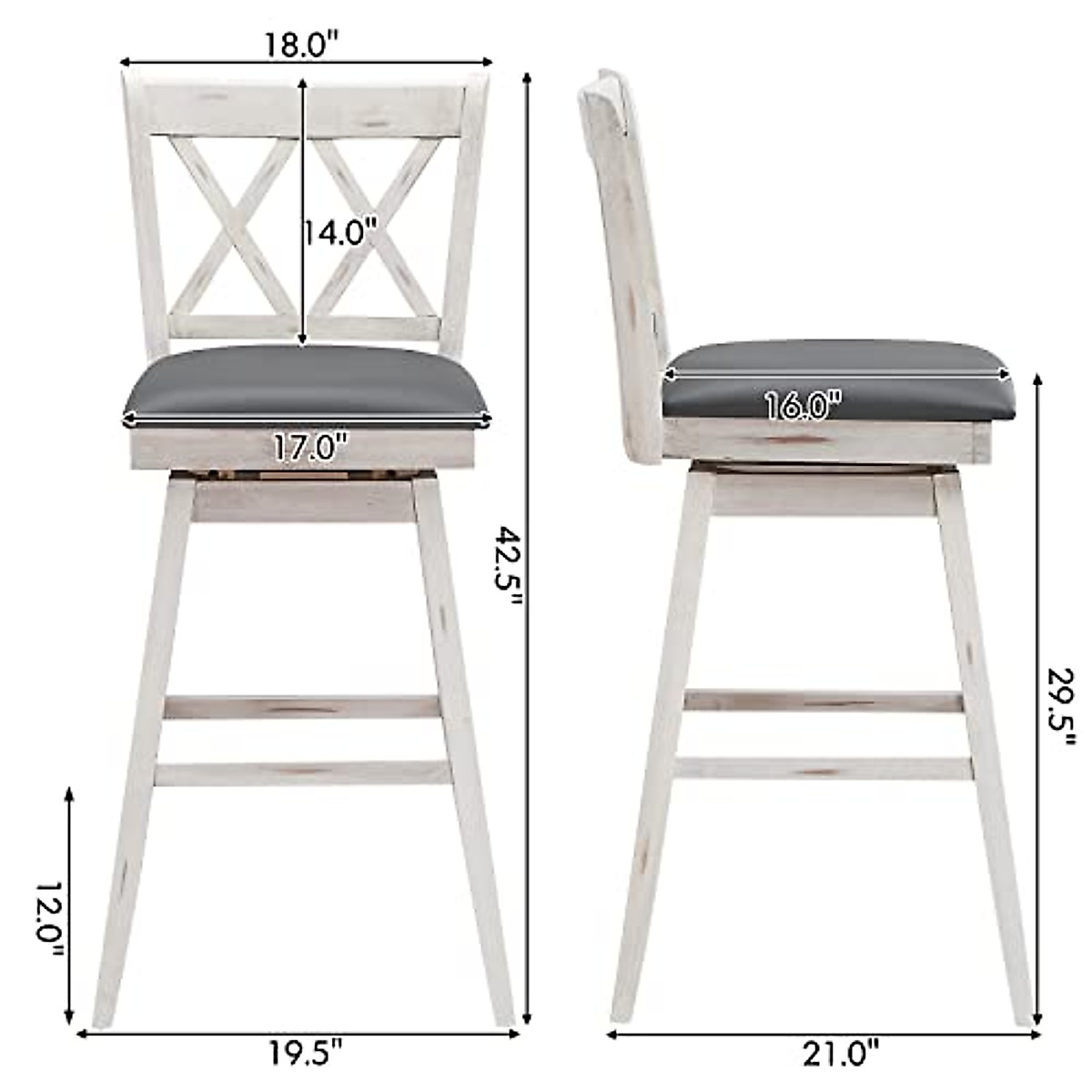 COSTWAY Bar Stool Set of 4, 360 ° Swivel Bar Height 29.5 inch Bar Stool with Foot Rest Upholstered Cushion & Ergonomic Backrest, Sturdy Frame, for Pub, Restaurant, Home (4, Antique White + Grey)