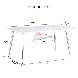 OUYESSIR Rectangular Dining Table for 4-6, Modern Kitchen Dining Room Table with 0.4" Imitation Marble Glass Tabletop and Metal Legs, Dinner Table Kitchen Table for Kitchen Dining Room