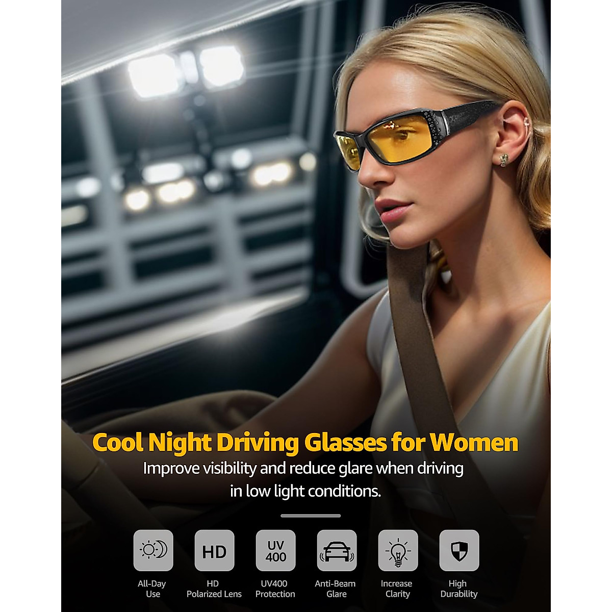 LVIOE Night Vision Pro Driving Glasses for Women Oval Anti Glare Polarized Astigmatism Yellow Glasses for Night Driving N010