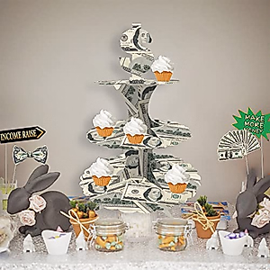 Fun Cash Money Dollar Bill Themed Cake Stand 3-Tier Grey Board Cupcake Stand Dessert Mini Cakes Candy Display Tower for Birthday Tea Party Wedding Casino Bachelorette Retirement Party