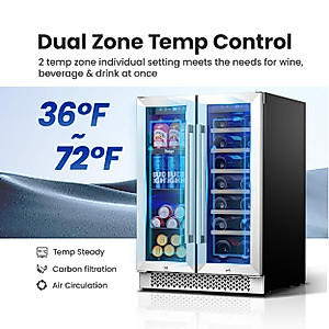 Yeego Wine and Beverage Refrigerator 24", Dual Zone Beverage Cooler Wine Fridge with Upgrade Quiet Cooling, Anti-UV Glass Door, 20 Bottles & 60 Cans Large Capacity, Built-in/Freestanding/Undercounter