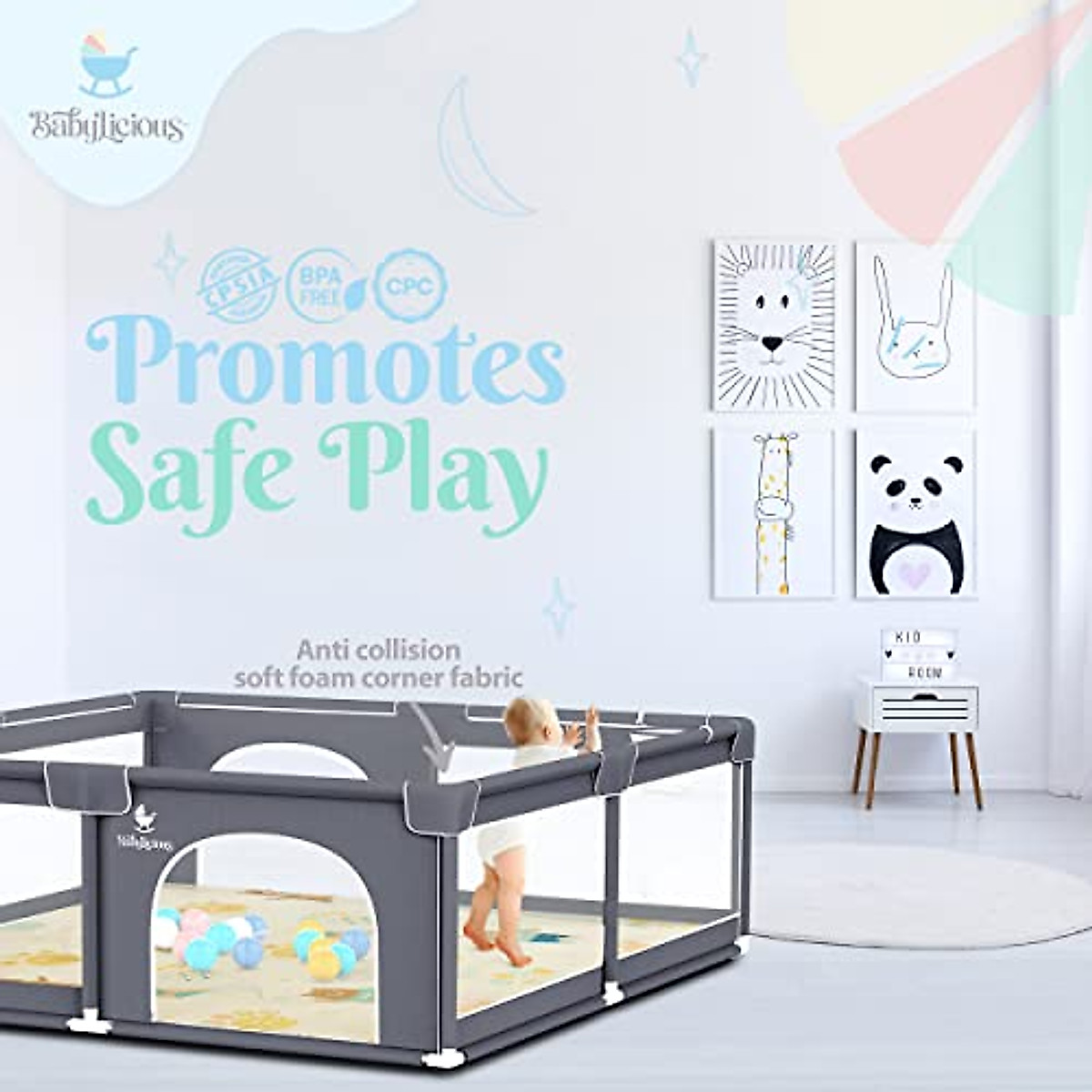 Baby Playpen with Full Play Mat for Babies and Toddlers - Cozy Play Yard with Gate, Fence, Game Balls & Carry Bag - Indoor or Outdoor - 72 x 60 Inch Play Area - Large Cuddlepen by Babylicious