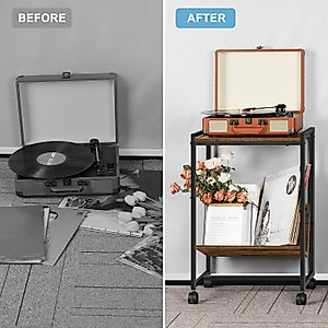 smusei Record Player Stand Industrial Record Player Table with Album Storage Shelf, Turntable Stand with Wheels Vinyl Record Holder Cabinet for Living Room Office, Rustic Brown