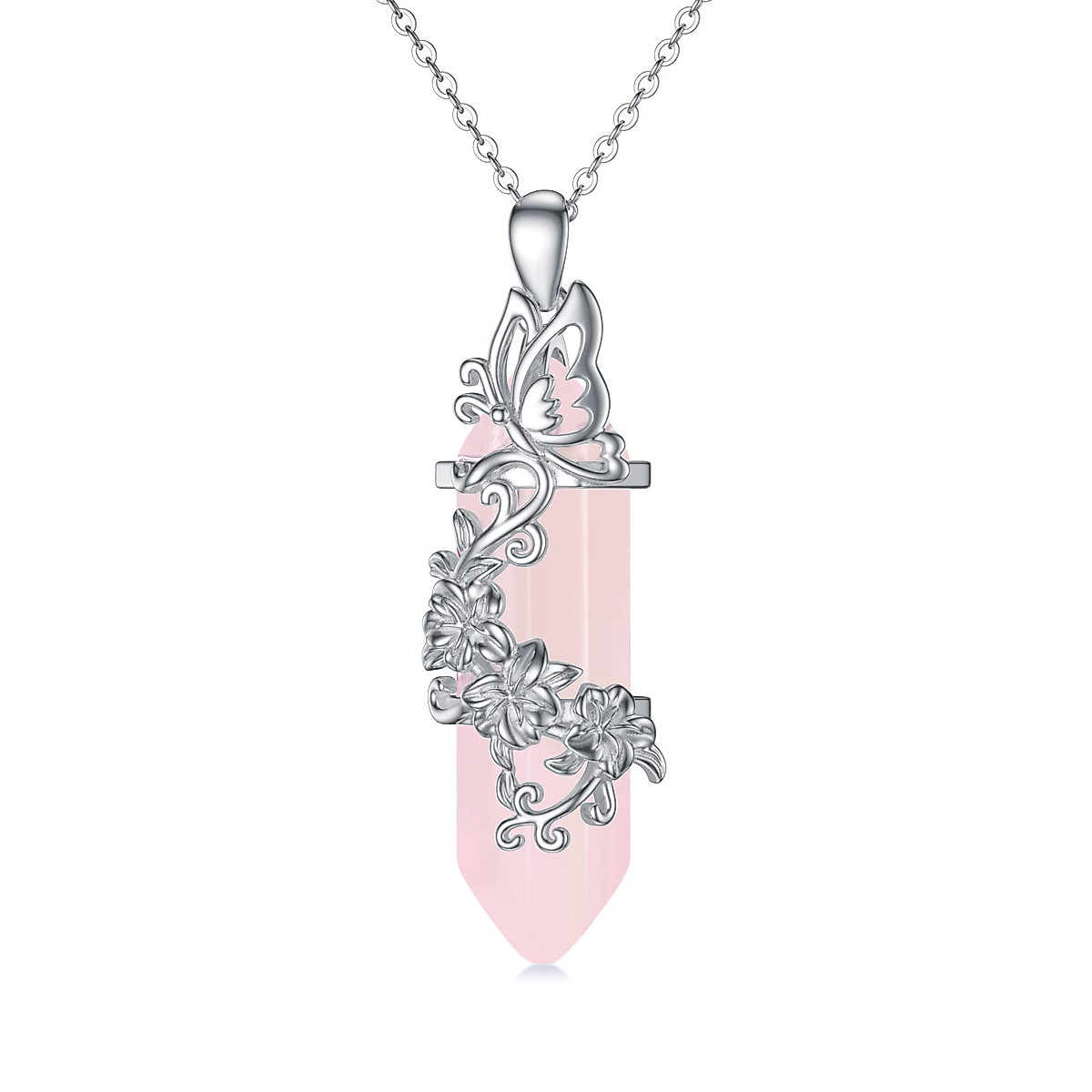 Plesitep Sterling Silver Reiki Healing Crystal Natural Hexagonal Rose Quartz Flower Butterfly Tree of Life Hamsa Necklace for Women Girl (Butterfly)