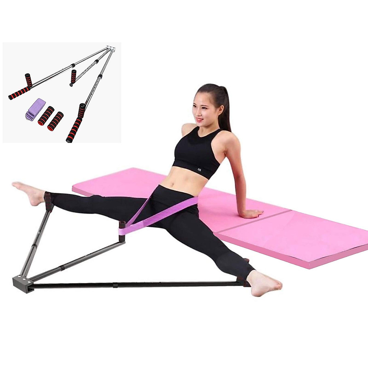 Pro-Gymnastics Gymnastics Mat 2" Thick Tri-Fold Folding Exercise Tumble Mat - with 3 Bar Leg Stretcher Flexibility Stretching Machine for Gymnastics, Yoga, Aerobics, MMA, Home Gym Exercise Workout Mat