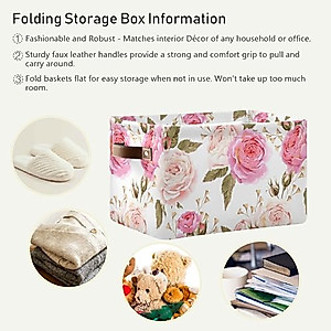 susiyo Large Foldable Storage Bin Floral Pink Roses Fabric Storage Baskets Collapsible Decorative Baskets Organizing Basket Bin with PU Handles for Shelves Home Closet Bedroom Living Room-1Pack