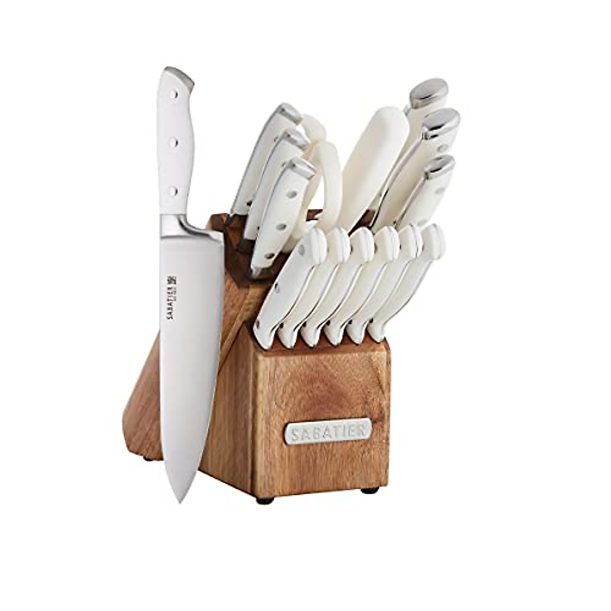 Sabatier 15-Piece Forged Triple Rivet Knife Block Set, High-Carbon Stainless Steel Kitchen Knives, Razor-Sharp Knife set with Acacia Wood Block, White Handles