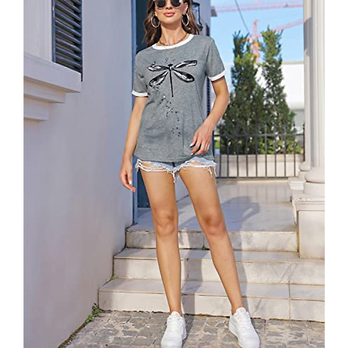JNIFULI Women's Graphic Tees Casual Summer Funny Dragonfly Printed Short Sleeve Cute T Shirts Tops Grey