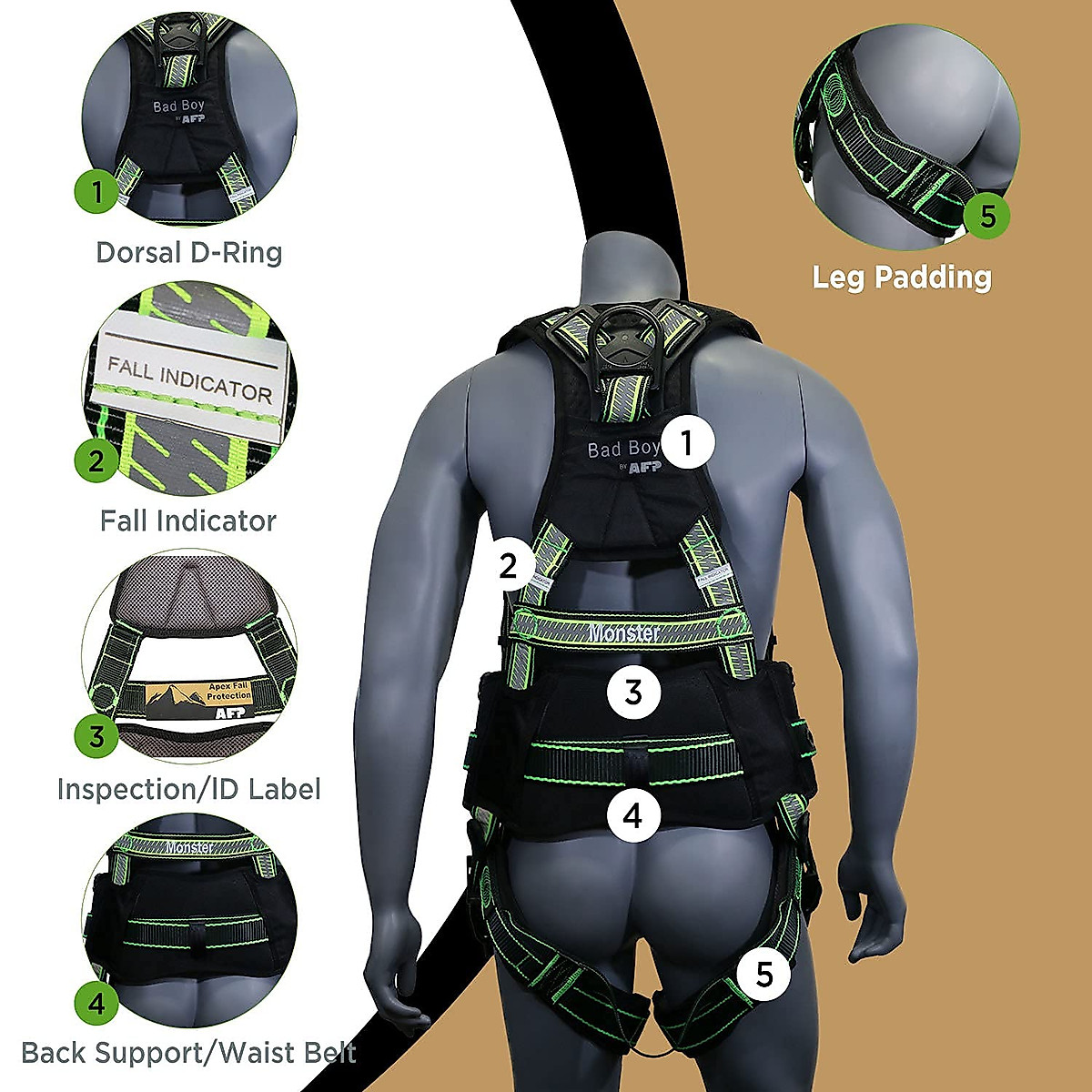 AFP Fall Protection Premium Reflective Black Safety Harness w/Hi-Viz Lime, Vented & Padded Shoulder, Legs and Back, 8” Thick Back Support Belt, 3 D-Rings, Tongue Buckle, Quick Release (OSHA/ANSI PPE)