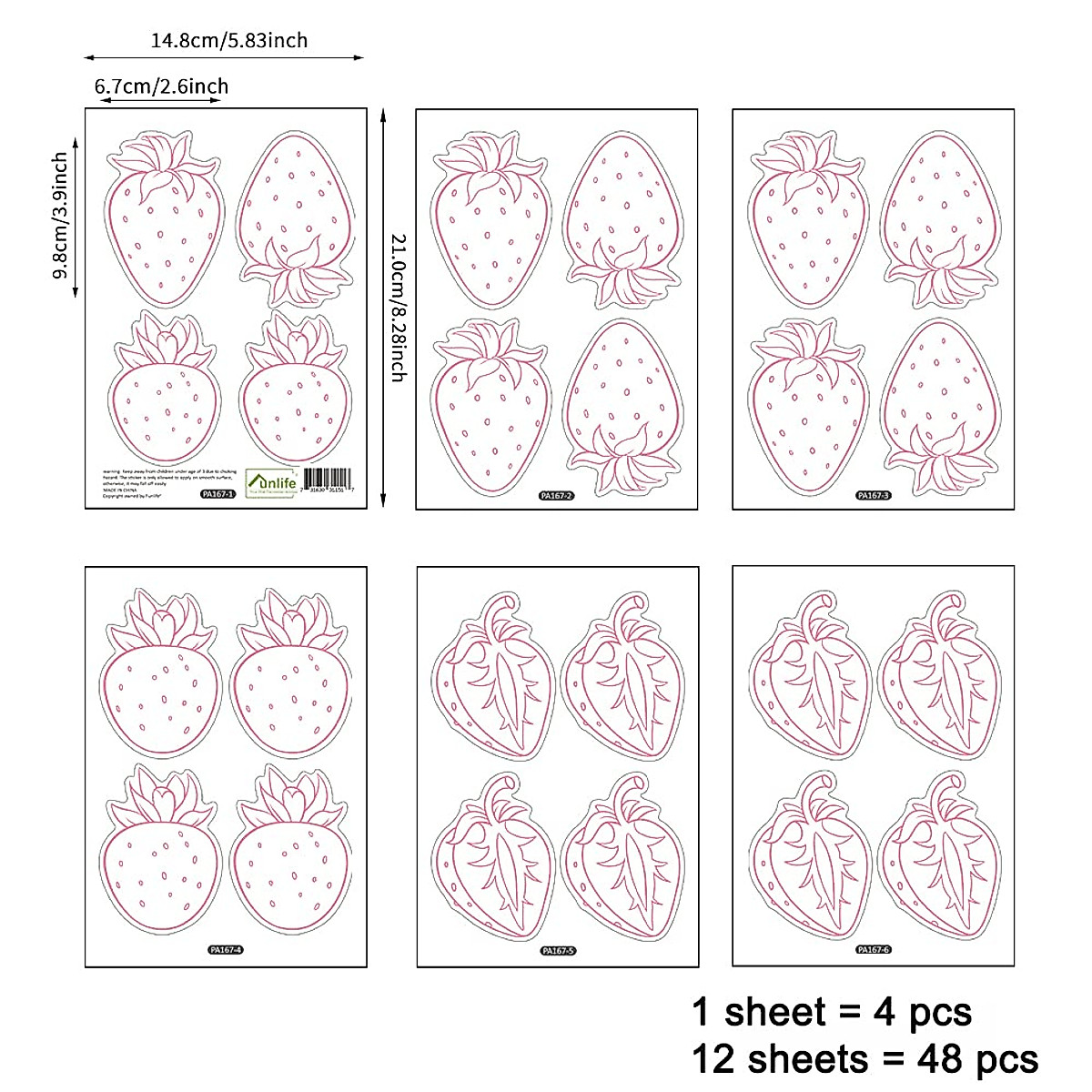 funlife 48 PCS DIY Self Adhesive Strawberry Wall Decals, Peel and Stick Nursery Kids Fruit Wall Stickers, Background Living Room Classroom Party Decoration, Girls Bedroom Wall Decor