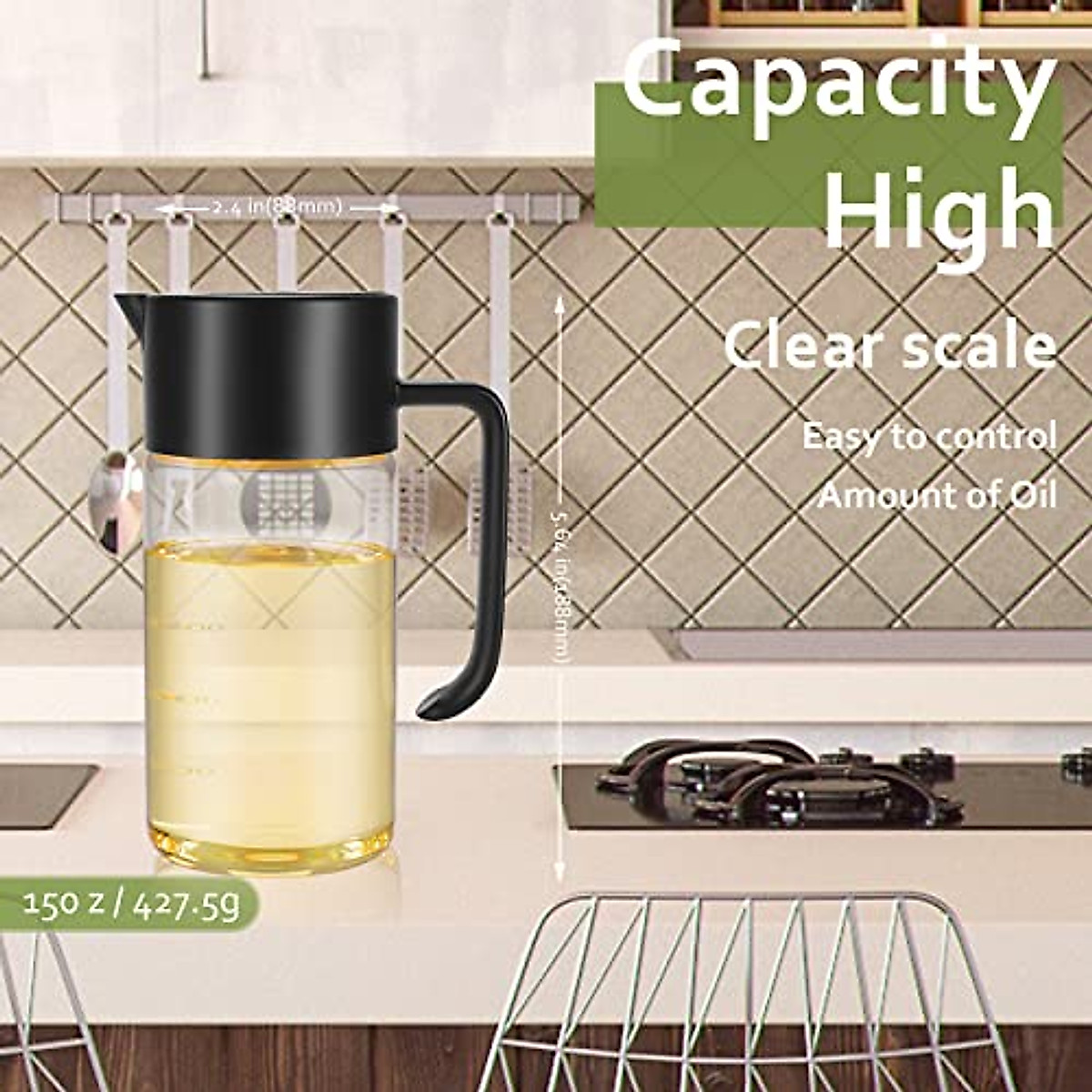 TrendPlain Olive Oil and Vinegar Dispenser Bottle for Kitchen - One Pinch Open & Auto Flip Cap Oil Dispenser with Measurements - Olive Oil Bottle with Non-Drip Spout (500ml/17oz) Black