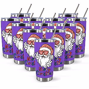 Paoren 12 Pcs 20 oz Christmas Tumblers Set, Christmas Tumbler Travel Coffee Cups Mugs Bulk Stainless Steel Vacuum Insulated Tumbler Gifts for Xmas Holiday Birthday New Year, Purple