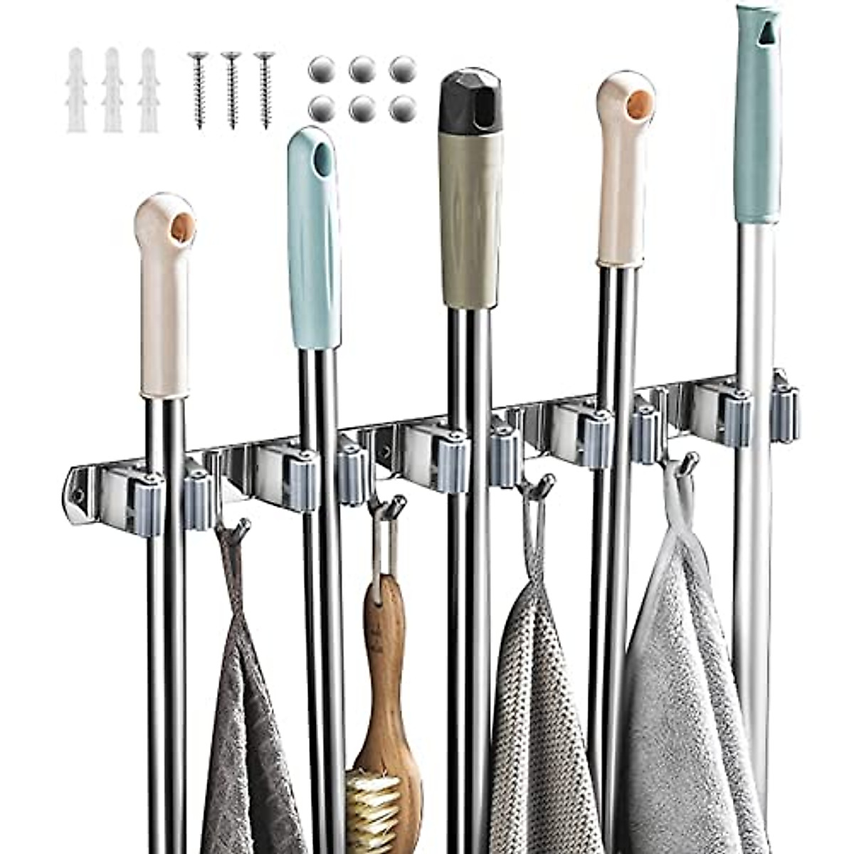 Bosszi Mop and Broom Holder, 4 Positions 5 Hooks Heavy Duty Mop Hanger Wall Mounted Stainless Steel Organizer for Home Laundry Bathroom, Garage Storage Systems Utility Tools Rack
