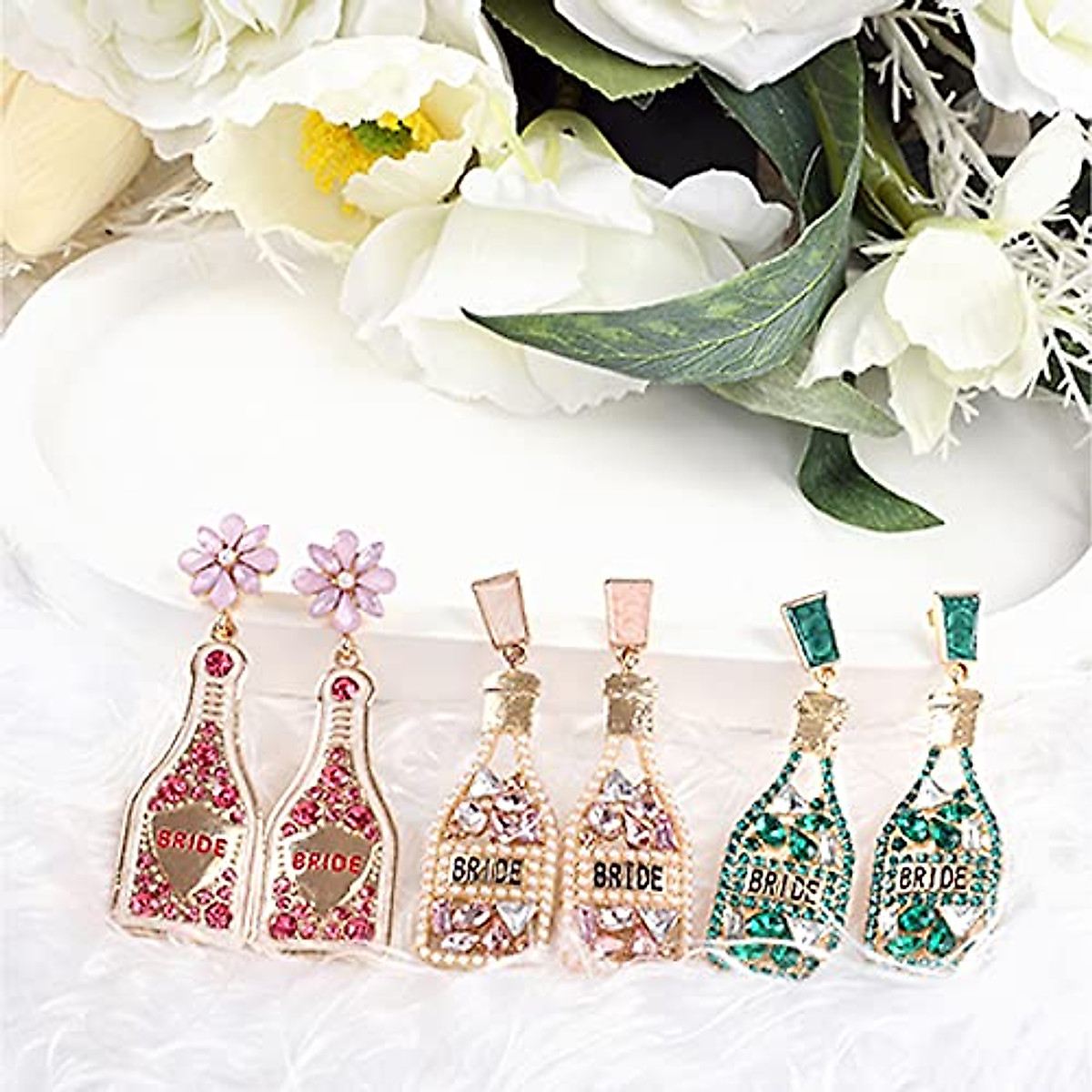 Bachelorette Earrings for Bride - With Delicate Beaded & Champagne Dangle Drop Earring For Woman Bachelorette Party Accessories Bridal Shower Gift for Bride to Be