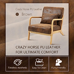 Dolonm Modern Accent Chair with Wood Frame, Crazy Horse PU Leather Chair with Waist Cushion, Armchair for Living Room, Bedroom, Game Room, Home Office or Lounge, Brown PU