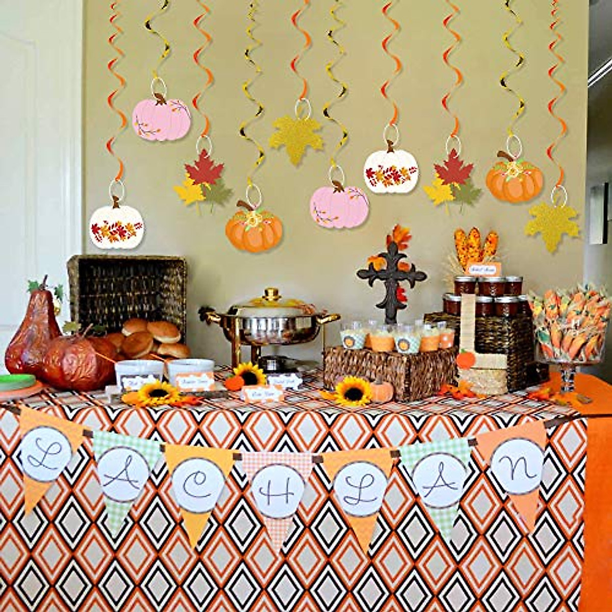20Pcs Fall Party Hanging Decorations, Autumn Pumpkin Maple Leaf Thanksgiving Hanging Swirls Streamers, Fall Hanging Decorations for Little Pumpkin Baby Shower Fall Thanksgiving Birthday Party Supplies