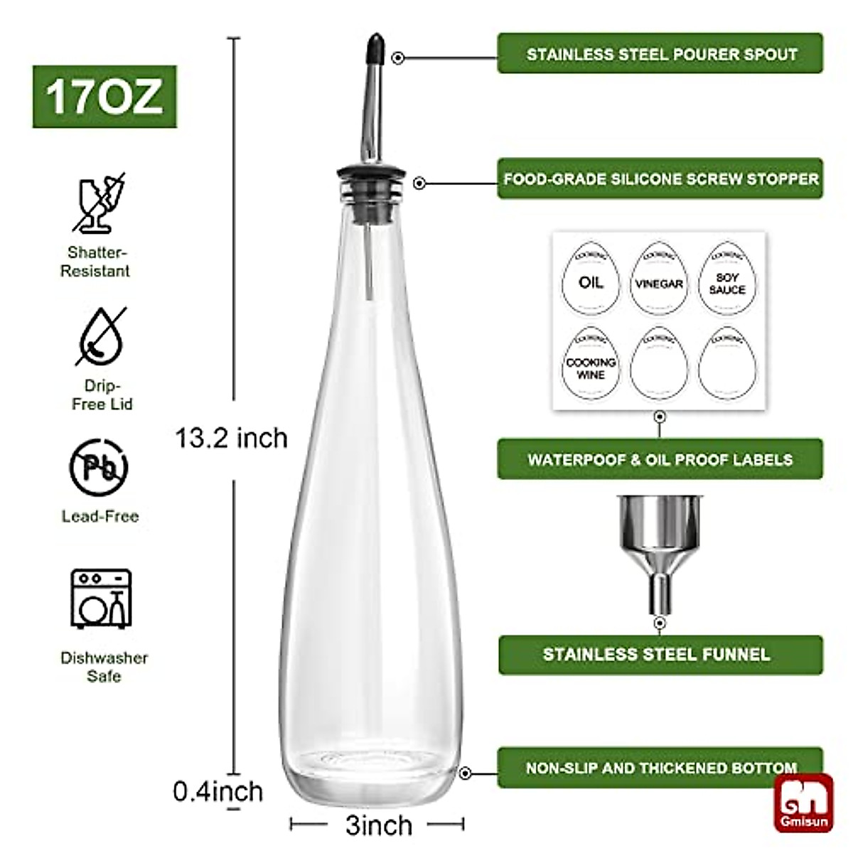 GMISUN Oil and Vinegar Dispenser Set, Olive Oil Dispenser Bottle for Kitchen, Cooking Oil Container Cruet Set, Clear Glass Bottles Vegetable Oil Dispenser with Label, Decorative (2 Pack, 17oz)