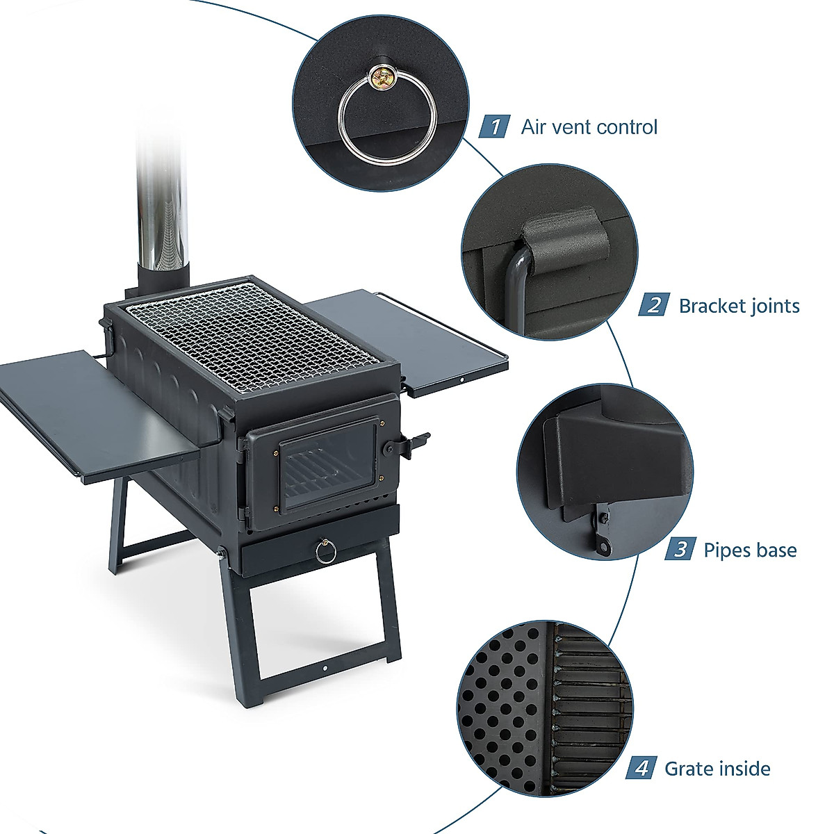 PMNY Wood Burning Stove, Hot Tent Stove Kit with Chimney Pipes, Side Racks and View Window, Multipurpose Camping Stove for Tent, Shelter, Heating and Cooking
