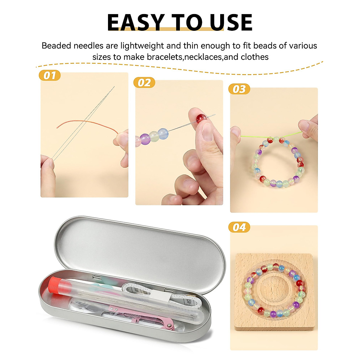 FIVEIZERO 60 Pieces Beading Needle Set, 5 Sizes Species Big Eye Beading Needles (with Threader) Needle Bottle, Yarn, Embroidery Needle, Thimble Foldable Beading Needle Set for Jewelry Making