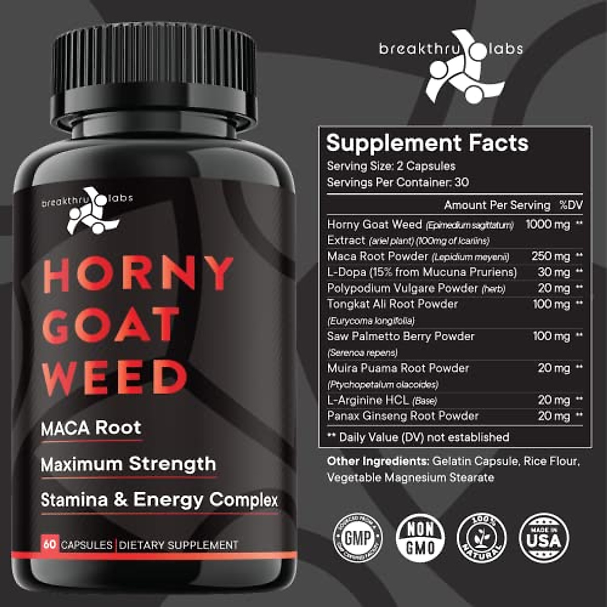 Horny Goat Weed by Breakthru Labs 1000mg Max Strength - Maca Root, Ginseng, Tongkat Ali Root, Saw Palmetto, L-Arginine - USA Made - Stamina and Energy Complex - 2-Pack 120 Count