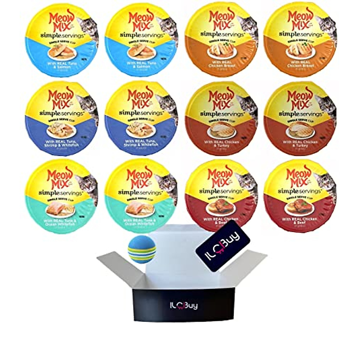 ILC Buy Meow Mix Simple Servings Variety Bundle| 6 Flavors,(2) Each: Chicken Turkey, Tuna Whitefish, Chicken Beef, Tuna Salmon, Chicken Breast, Tuna Shrimp (1.3 OZ) Plus Foam cat Toy Ball Magnet.