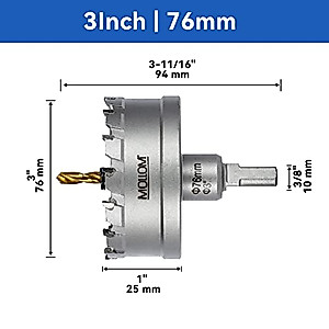 Mollom Heavy Duty Carbide Hole Saw, Hole Cutter cuts Stainless Steel, mild Steel, Iron, Copper, Brass, Plastic (3'' 76mm)