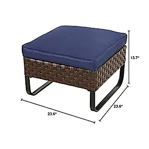LOKATSE HOME Patio Ottoman Outdoor Footstool Small Seat Wicker Furniture with U Shaped Legs and Soft Thick Blue Cushion for Garden Yard Deck Poolside