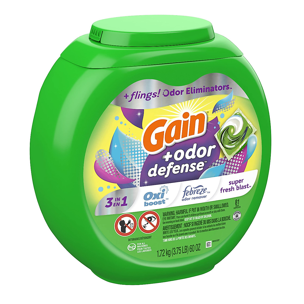 Gain Flings Laundry Detergent Pacs with Odor Defense, HE Compatible, 3in1 with Febreze and Oxi, Super Fresh Blast Scent, 81 Count