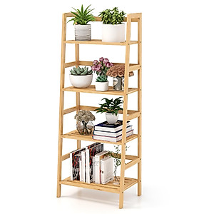 HAPPYGRILL 4 Tier Bamboo Bookshelf, Freestanding Open Bookcase Book Shelf Multifunctional Plant Flower Display Stand, Ladder Shelf for Bedroom, Living Room, Home Office,Small Space