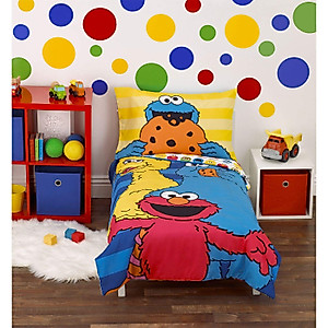 Sesame Street Best Friends Blue, Red, Yellow 4 Piece Toddler Bed Set - Comforter, Fitted Bottom Sheet, Flat Top Sheet, Reversible Pillowcase